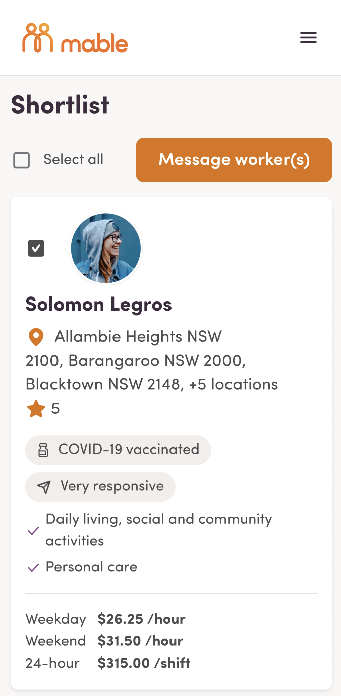 Messaging shortlisted workers all at once on Mable